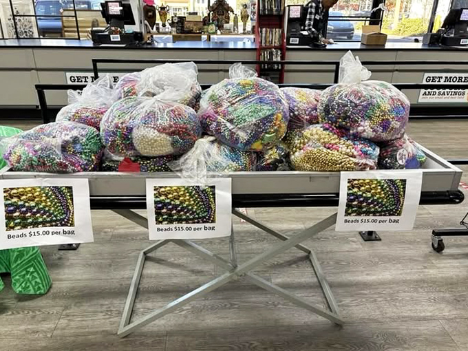 A treasure trove of beads awaits crafty shoppers. Each bag contains enough potential to bedazzle an entire Mardi Gras parade