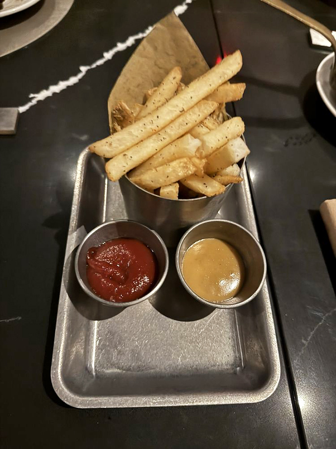 Beef fat fries &ndash; because regular fries are what you eat when you're not at Wye Oak. Those dipping sauces deserve a standing ovation.