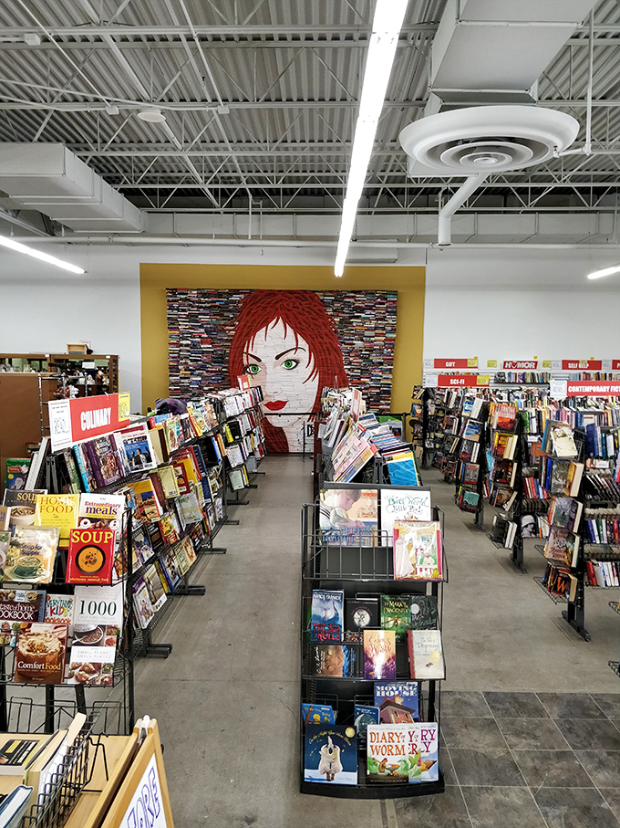 The book section features a striking mural that watches over literary treasures like a guardian of forgotten stories waiting for new readers to discover them.