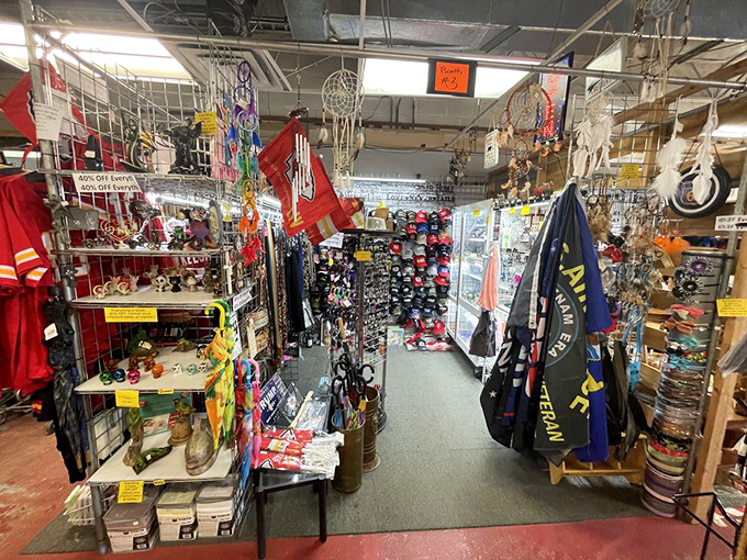 Down this aisle of possibilities, dreamcatchers and flags create a patriotic bohemian vibe that somehow makes perfect sense in Missouri.
