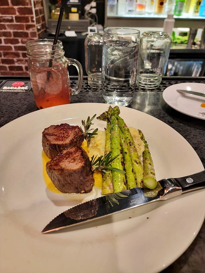 Steak so perfectly cooked it makes you wonder if the chef has ESP. Those asparagus spears aren't just sides&mdash;they're worthy companions to the main event.