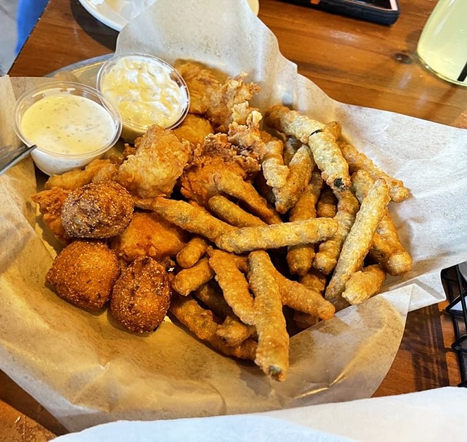 The fried food sampler that dreams are made of. Whatever's in that basket&mdash;from pickle spears to cheese curds&mdash;has been baptized in hot oil to crispy perfection.