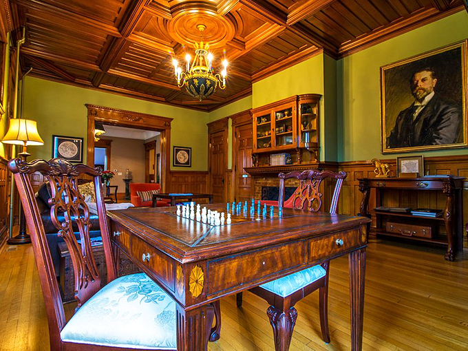 A chess set waiting for players in a room where even Bobby Fischer would feel intimidated by the craftsmanship surrounding him.