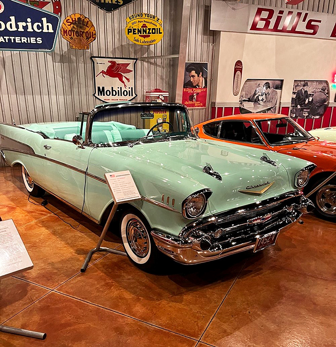 This seafoam Bel Air convertible captures the essence of 1950s American optimism—when bigger was better and chrome was king.