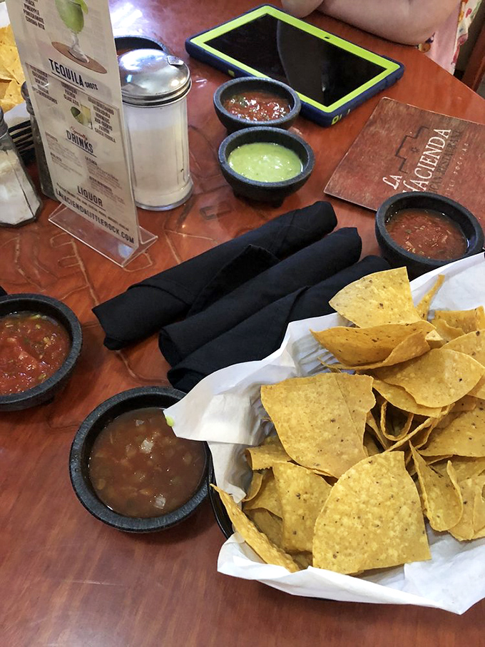 The chips and salsa bar—where every dip is an adventure and every crunch tells you you're exactly where you need to be.