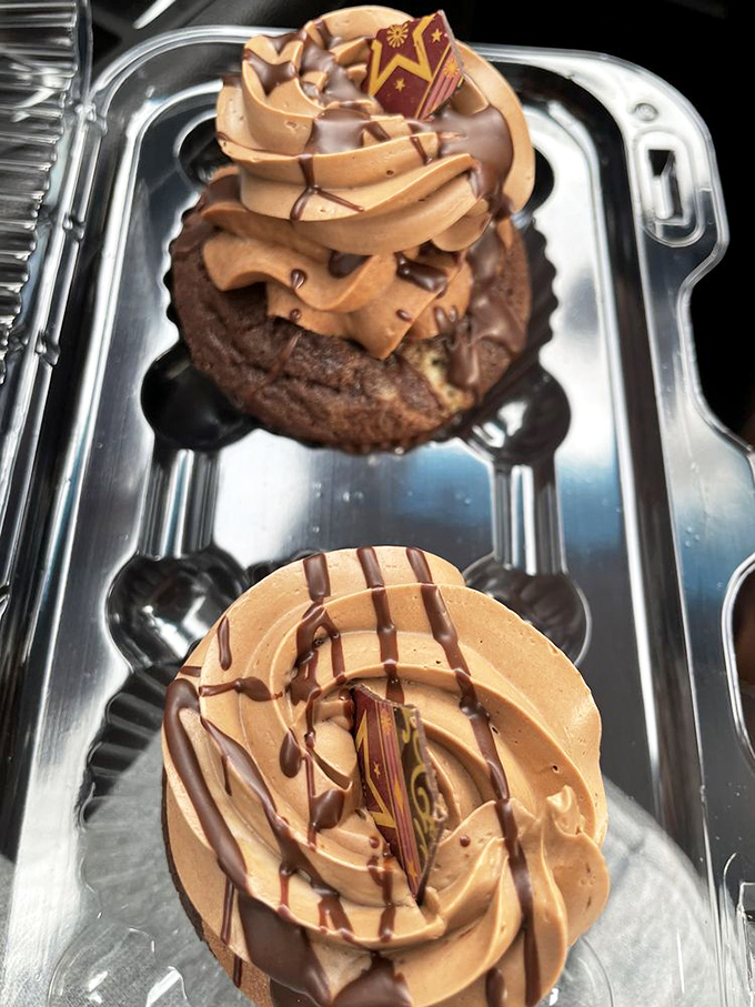 These chocolate cupcakes aren't playing around. The frosting-to-cake ratio suggests someone who truly understands the human condition.