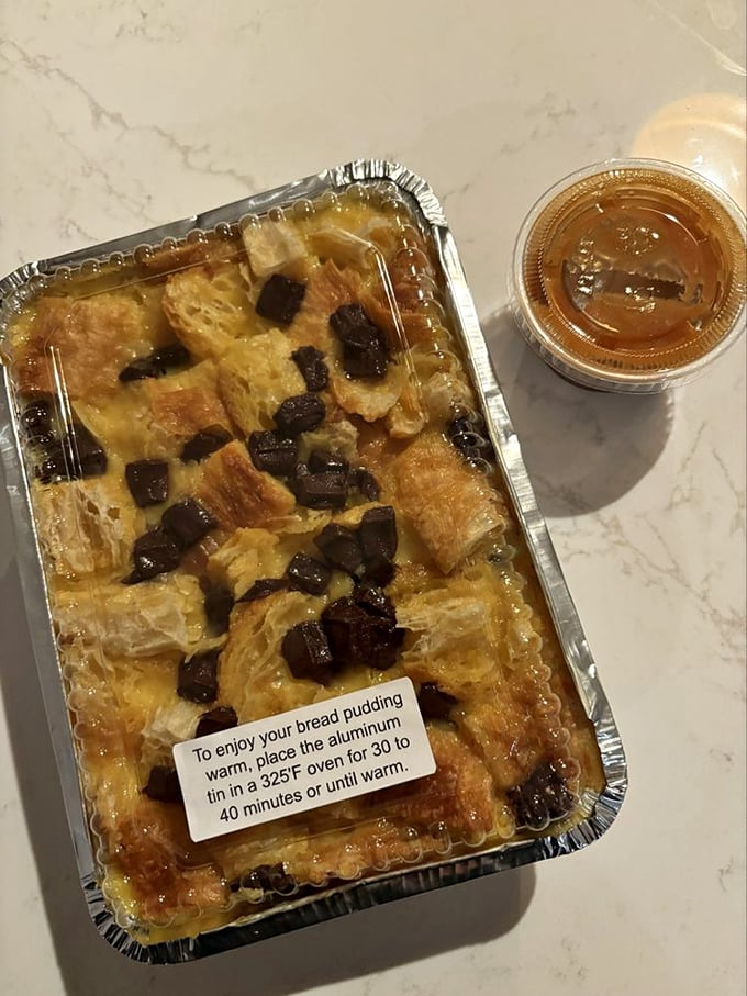 Bread pudding reimagined with chunks of chocolate croissants. Whoever thought of this deserves a Nobel Prize in the field of breakfast innovation.