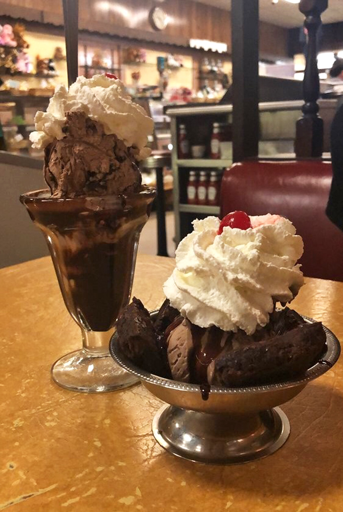 Two sundaes are better than one, especially when they're dressed in chocolate and topped with clouds of whipped cream.