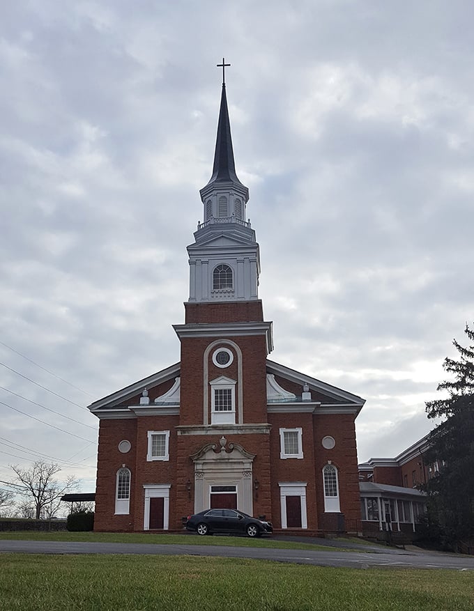 This stately brick church reaches skyward with its impressive spire. A spiritual landmark that's been witnessing Shelbyville's history through generations of faithful gatherings.