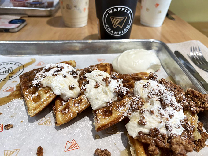 Cinnamon roll meets waffle in a breakfast mashup that would make Elvis proud. Decadence, squared.
