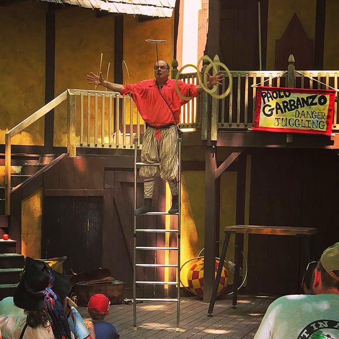The "Puke & Garbanzo Danger Juggling" show brings medieval entertainment into the 21st century with death-defying stunts and historical humor.
