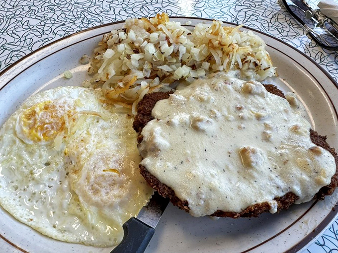 The mark of a great country fried steak isn't just in the crispy crust, but how it manages to stay crunchy even while swimming in that glorious gravy.