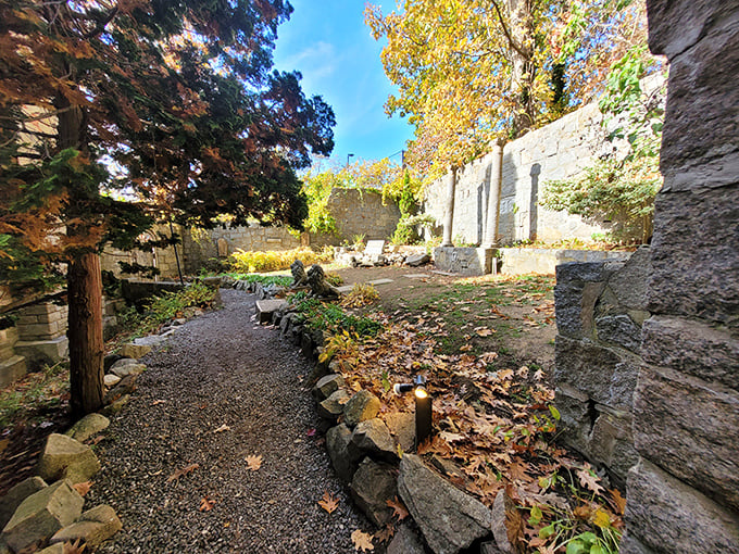 Stone pathways wind through the castle grounds, where autumn leaves create nature's confetti. A peaceful retreat from the 21st century's constant pinging.