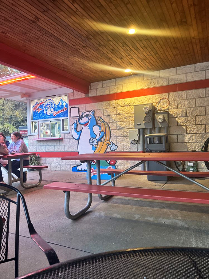 The polar bear mascot watches over diners like a friendly guardian of frozen delights. He's seen things. Delicious things.