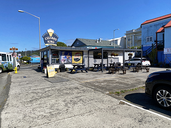 The view from the parking lot reveals Custard King's humble domain, where frozen dreams come true daily.