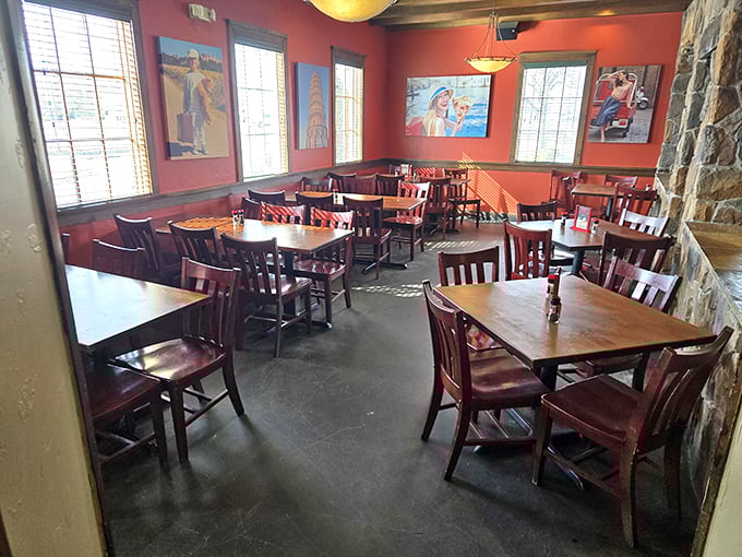 Warm wood, red walls, and Italian artwork create the perfect backdrop for family celebrations or "I-don't-feel-like-cooking" Tuesday nights.