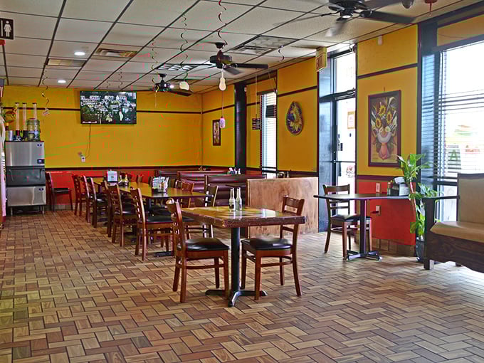 The dining room's warm colors and comfortable seating invite you to linger long after your plate is clean.