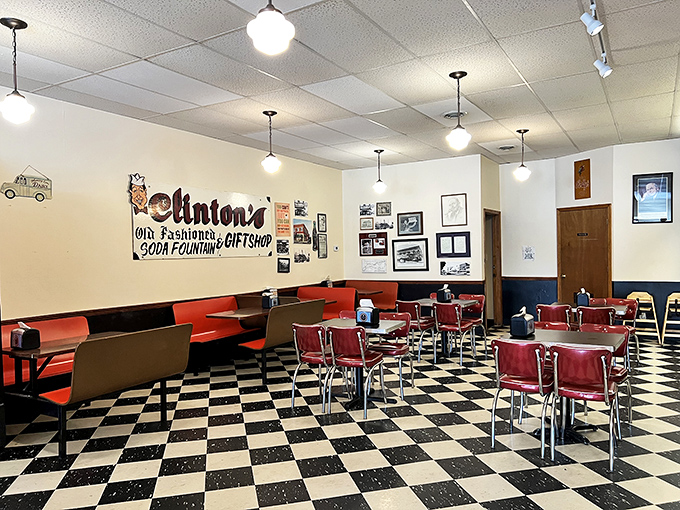 Empty chairs waiting for stories to unfold—the dining area's vintage simplicity serves as the perfect backdrop for making memories over ice cream.