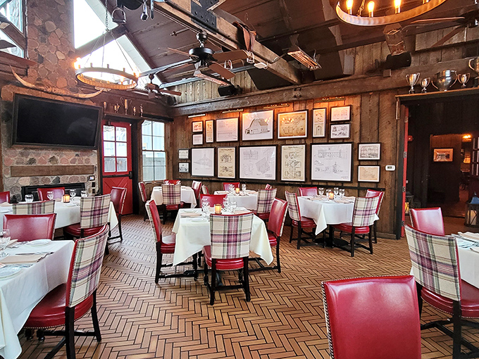 Red leather chairs and plaid accents create dining nooks where memories are made between bites of exceptional food and sips of perfect pairings.