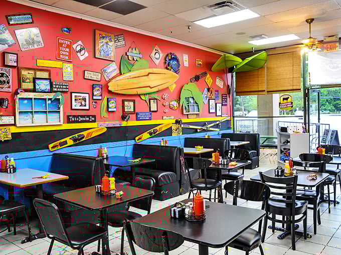 The dining area feels like the inside of a happy person's mind—colorful, eclectic, and filled with surfboards that remind you life's a beach, especially at breakfast time.