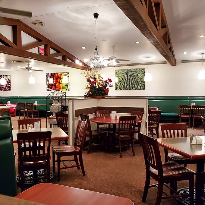 Exposed wooden beams and comfortable seating create that rare dining space where you want to linger long after your plate is clean.