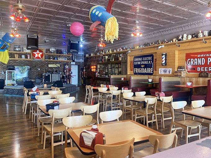 The dining room feels like stepping into a time machine decorated by a nostalgic genius with impeccable taste in Americana. 