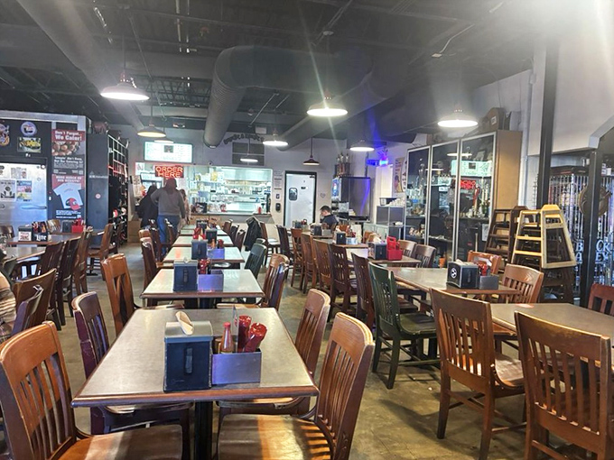 The dining room buzzes with the sound of satisfied customers. Notice how nobody's talking? That's because their mouths are happily full. 