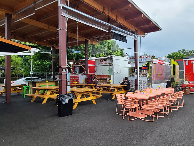 The covered dining area feels like the neighborhood backyard barbecue you always wished you were invited to.