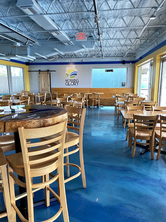 Morning Glory's dining room feels like breakfast's natural habitat&mdash;bright, airy, and ready for the day. The blue floor reflects the nearby ocean's invitation.