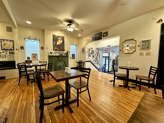 Wooden floors, cozy tables, and a fireplace that says, "Stay awhile, the outside world can wait." Comfort beyond the plate.