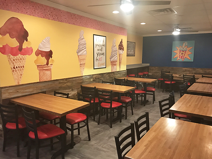Ice cream cone murals watch over diners like sweet guardians. The cheerful space invites you to linger long after your meal is finished.