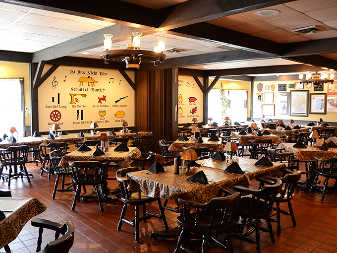 The dining room doesn't just seat people&mdash;it transports them. Those wooden beams and folk art aren't decoration; they're a portal to a Bavarian village feast.