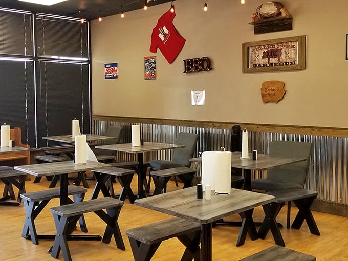 Simple picnic-style tables with corrugated metal wainscoting tell you this place prioritizes flavor over frills, exactly as it should be.