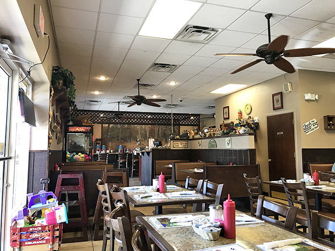 The dining room at Woodsby's&mdash;where ceiling fans spin lazily overhead and red squeeze bottles of ketchup stand ready for duty on every table.