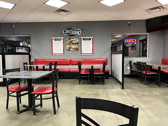 Red booths, metal tables, and that Big Jud's sign watching over it all&mdash;this dining room has hosted countless "Oh my goodness" first bites.