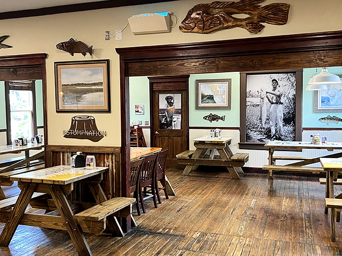 Historical fishing photos watch over diners like proud ancestors. They seem to nod approvingly at each satisfied bite.