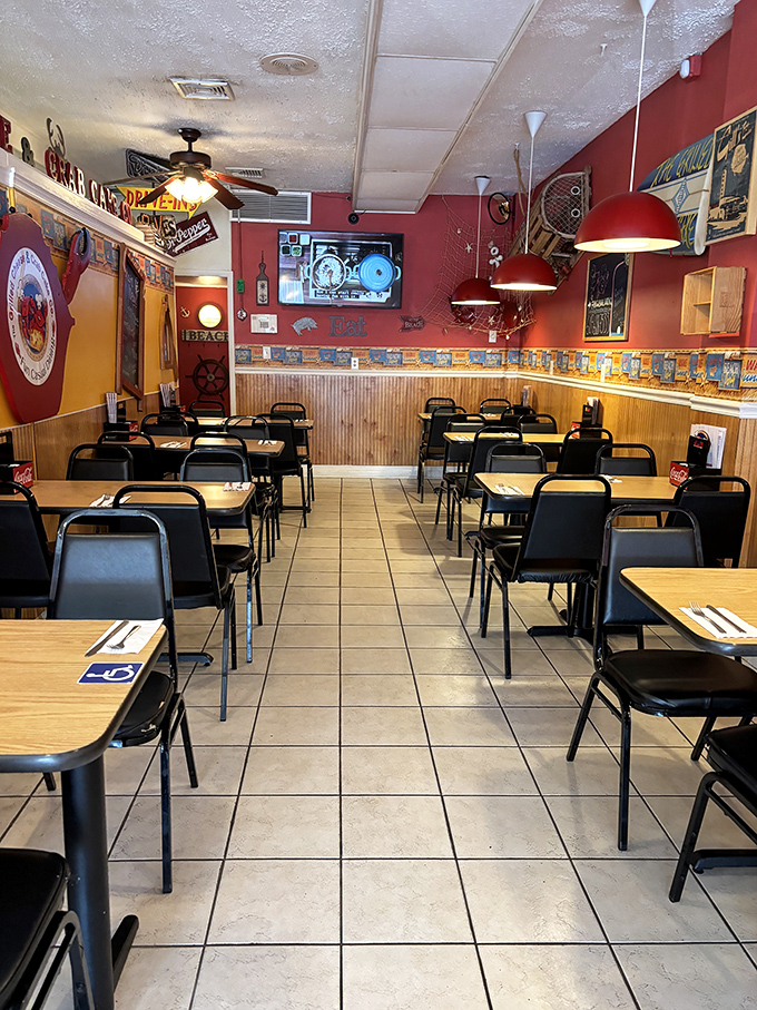 The nautical-themed dining room feels like the captain's quarters of a ship where the treasure is melted cheese and perfectly seasoned crabmeat.