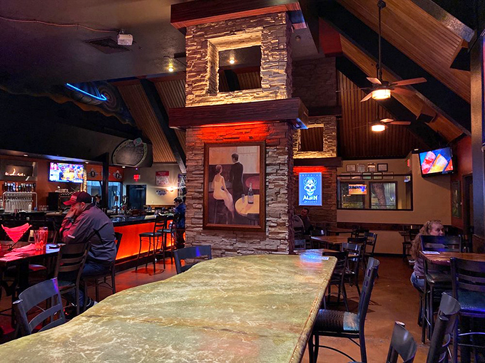The dining area combines rustic wood, stone elements, and subtle alien touches &ndash; creating a space where both locals and visitors feel right at home.