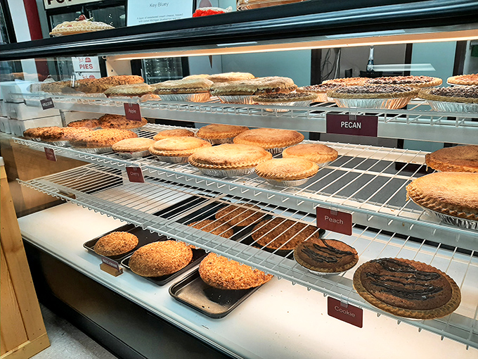 The display case at Just Pies—where dreams are arranged in neat rows and life's problems temporarily disappear.
