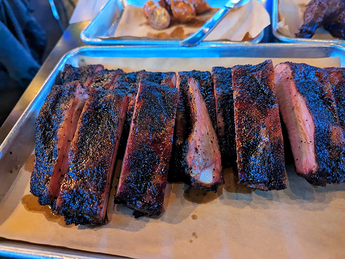 These ribs display the telltale "tug" that separates good barbecue from greatness. The meat holds to the bone just enough to make you work for it.