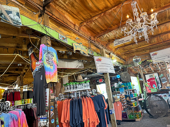 Where chandeliers hang above tie-dye shirts. The Shed's gift shop proves good taste extends beyond their barbecue.