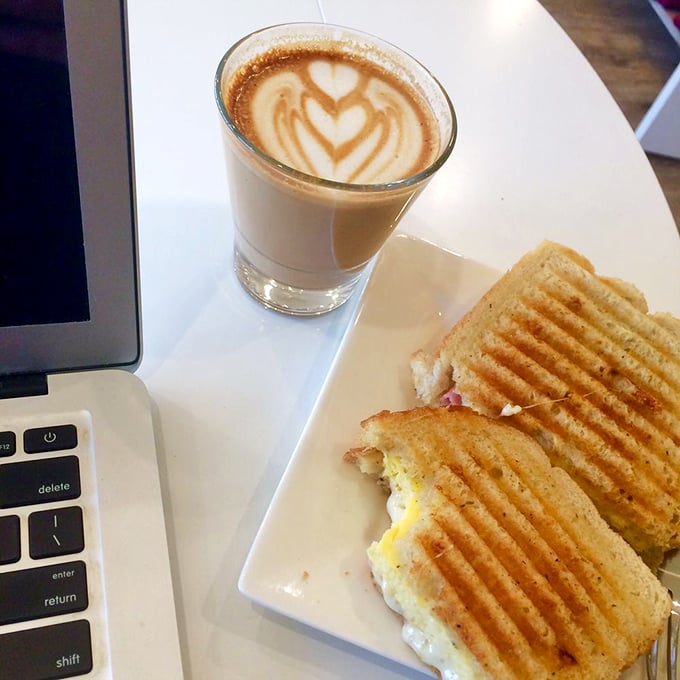 Grilled cheese that achieved the perfect golden-brown tan while the latte provides sophisticated company &ndash; lunch goals exemplified.