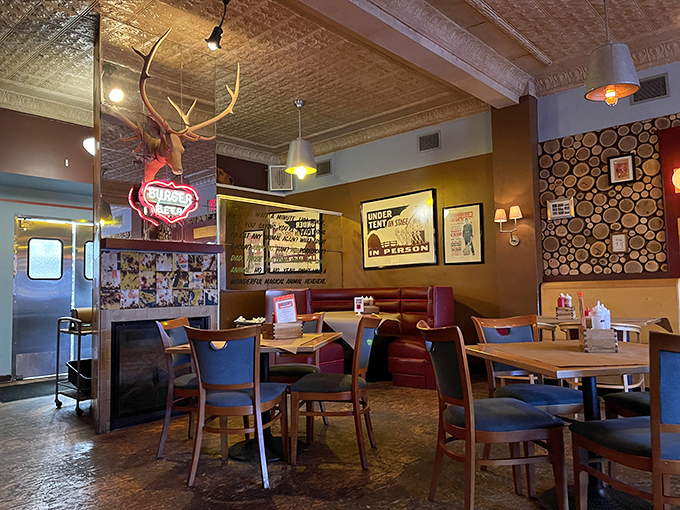 Every corner tells a story&mdash;from the log-slice wall to the vintage signs. It's like dining inside a Pinterest board that smells like hickory.
