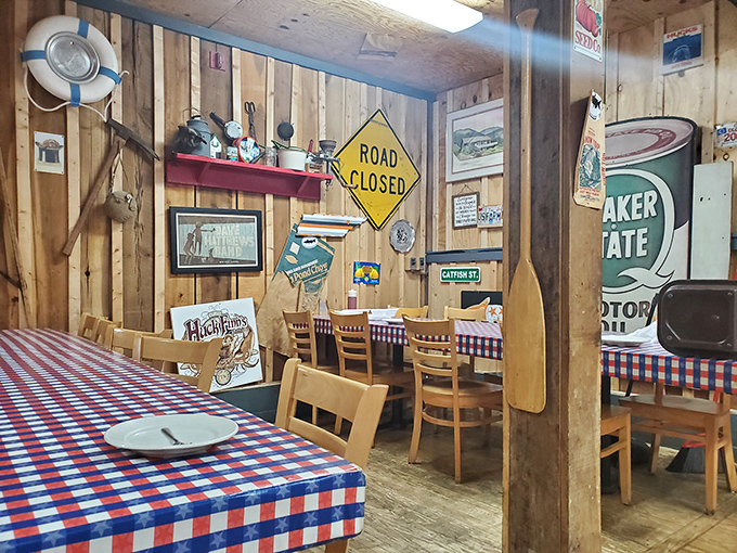 The dining room feels like your favorite uncle's fishing cabin, if that uncle happened to have impeccable taste in nostalgic Americana and road signs.