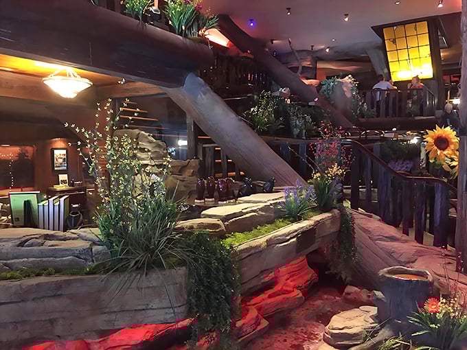 Where else can you find a babbling brook, mood lighting, and dining tables coexisting in perfect harmony? Nature meets nurture in Clifton's main dining area.