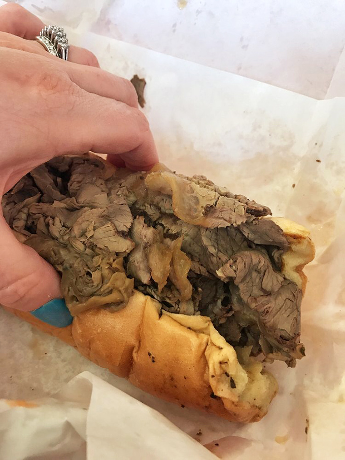 The Italian beef in its natural habitat &ndash; surrounded by pita, tomatoes, and lettuce. A sandwich worth crossing state lines for.