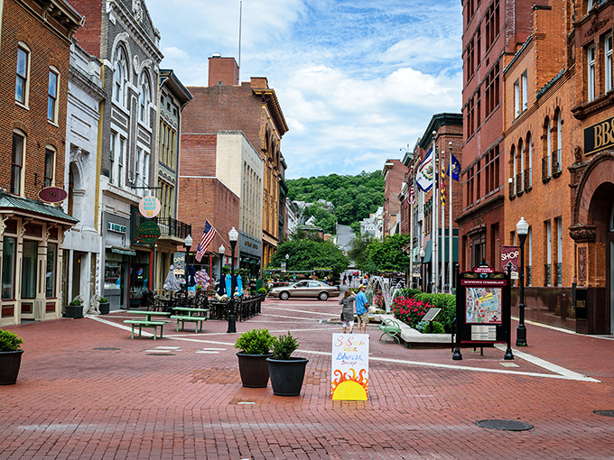 Baltimore Street's brick-paved charm offers the perfect backdrop for morning coffee walks that cost nothing but deliver everything.