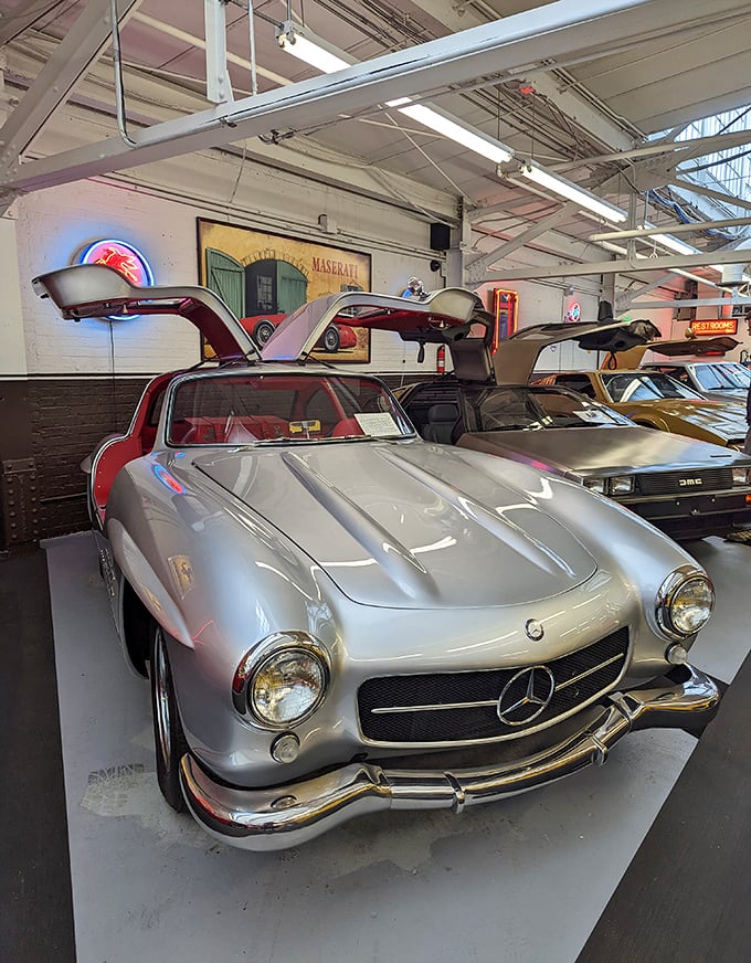 The Mercedes-Benz 300SL Gullwing&mdash;automotive royalty in silver. Those iconic doors open upward as if the car is preparing for takeoff.