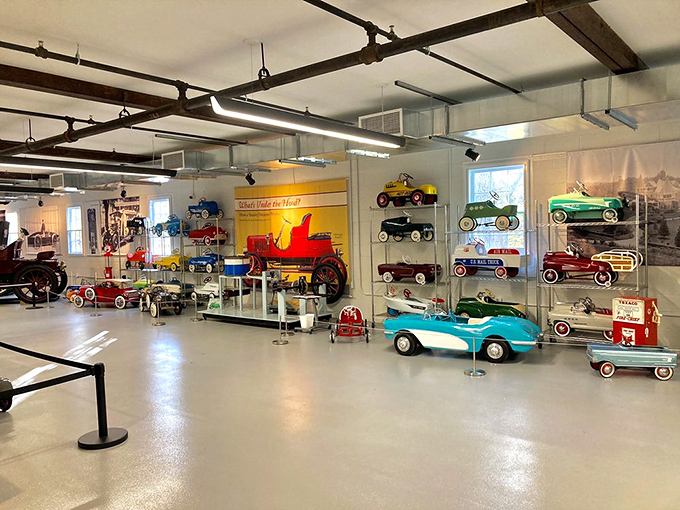 A colorful fleet of pedal cars stands ready for inspection&mdash;childhood dreams in metal and paint that spark nostalgia in visitors of every age.