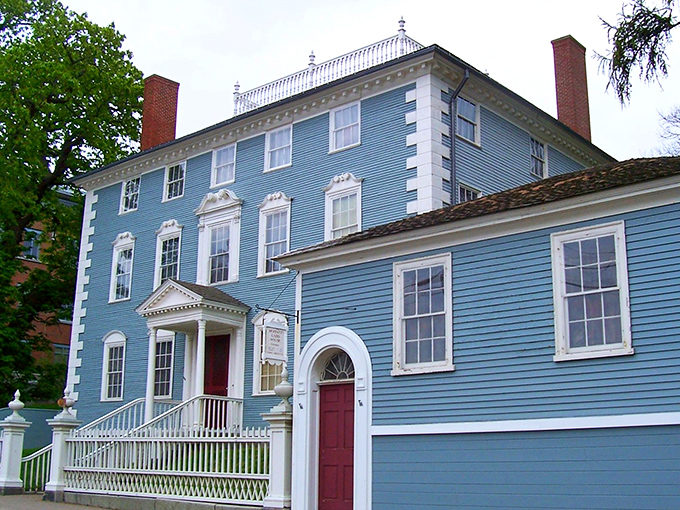 The magnificent Moffatt-Ladd House, painted that distinctive New England blue. Revolutionary War history served with architectural flourishes and garden views.